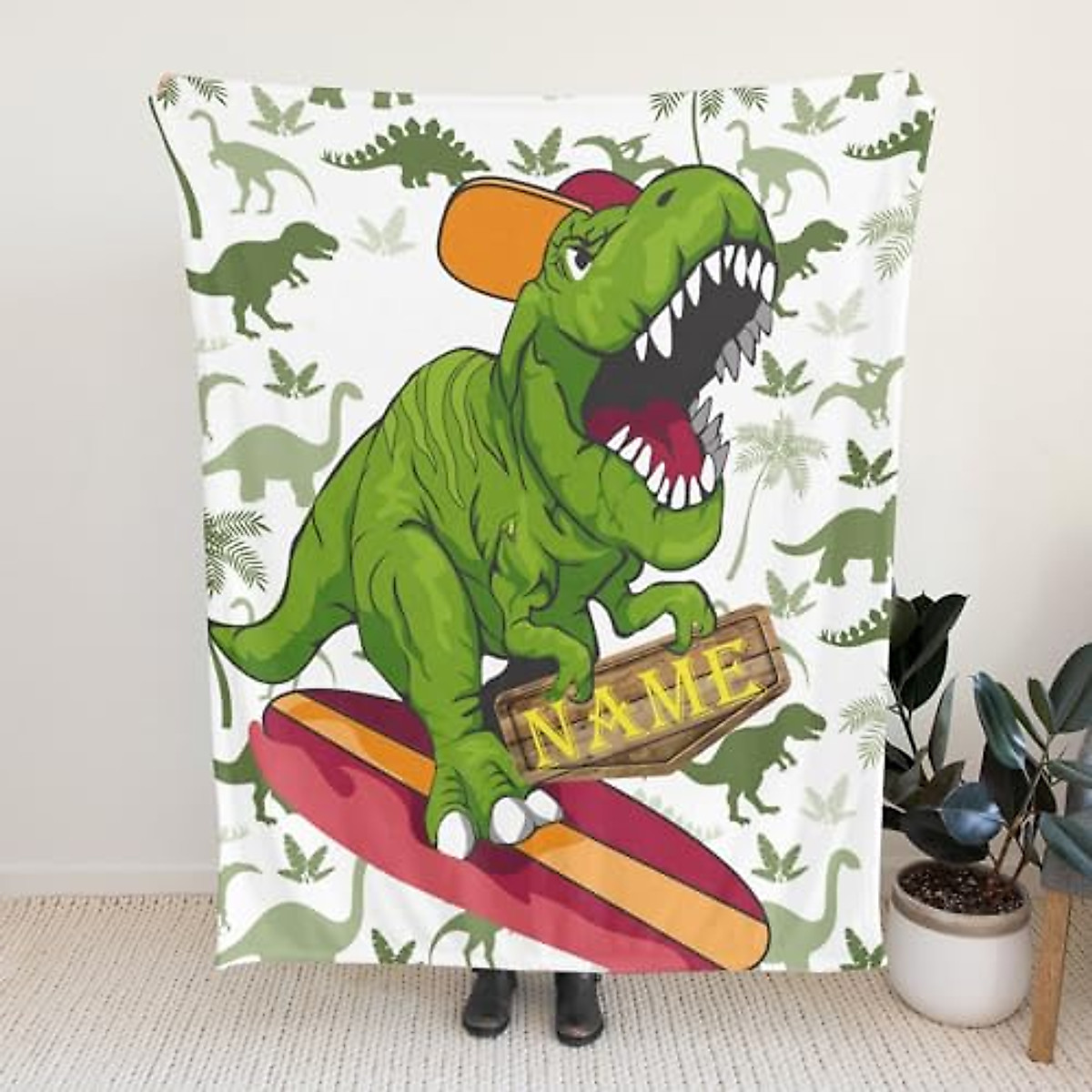 HSSQMH Personalized Dinosaur Blanket for Kids, Custom Dino Throw Blanket with Name for Boys and Girls, Toddler Bed, Room & Bedroom Decor, Unique Blankets for Children