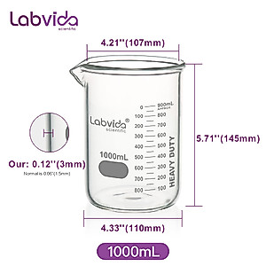 Labvida Heavy Duty Glass Beakers Set 2 pcs of Vol.1000ml Thick-Walled, 3.3 Boro Griffin Low Form with Double Scale Printed Graduation for Laboratories, Industries, Schools and Home use, LVAC014