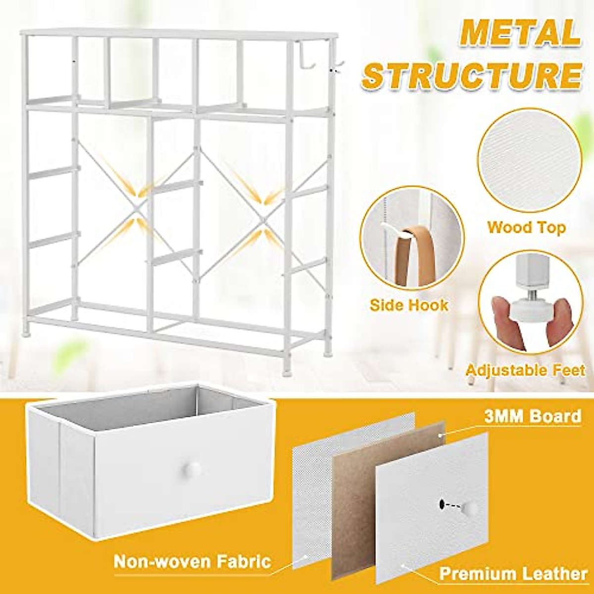 Sapodilla 9 Drawers Dresser for Bedroom,Chest of Drawers with Metal Frame Side Hook Wood Top,Large Capacity Closet Dresser in Living Room Hallway Nursery Storage Room (White, 9 Drawers)