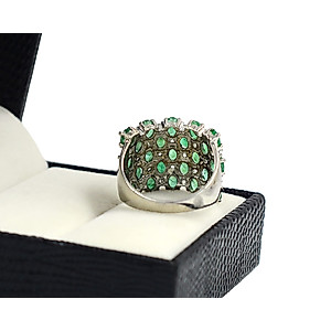 Natural Green Zambian Emerald 4X3 MM Oval Cut 925 Sterling Silver May Birthstone Cluster Unisex Proposal Ring For Engagement Gift (Rhodium Plated Silver, 6.5)