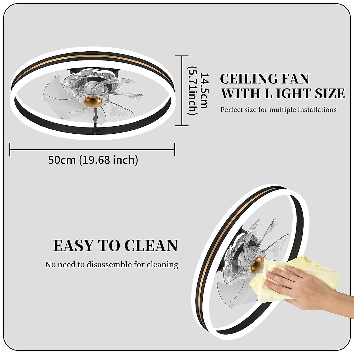 Fszdorj 2023 Upgraded 20‘’ Smart Ceiling Fan with Light, Low Profile Fan, Flush Mount Ceiling Fan, 6 Speeds, Dimmable LED, App & Remote Control, Quiet DC Motor, For Bedroom, Living Room, F105 Black