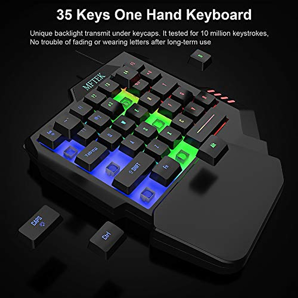 MFTEK One Hand Gaming Keyboard and Mouse Combo, RGB Rainbow Backlit One-Handed Mechanical Feeling Keyboard with Wrist Rest Support, USB Wired Keyboard Mouse and Mouse Pad Set for PC PS4 Gamer