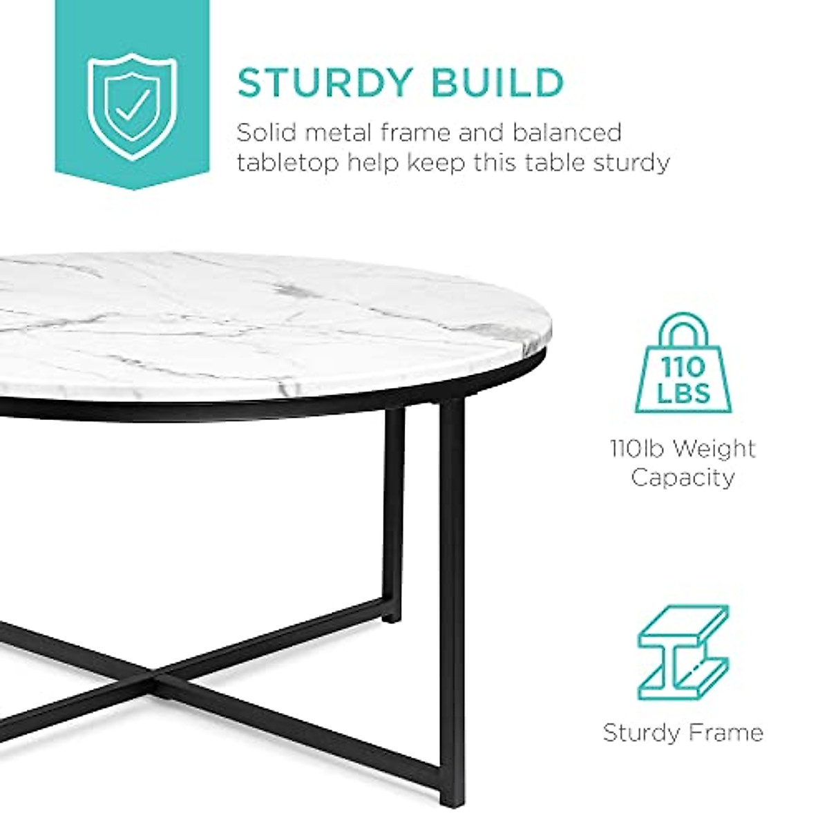 Best Choice Products 36in Faux Marble Accent Table, Modern End Table, Large Coffee Table Home Decor for Living Room, Dining Room, Tea, Coffee w/Metal Frame, Foot Caps, Designer - White/Black