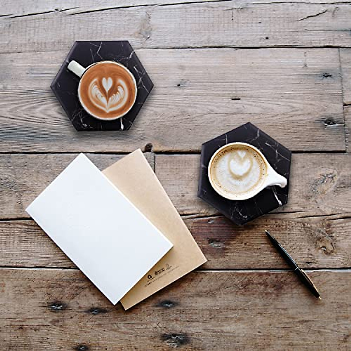 Warmroom Absorbent Hexagon Black Marble Coasters for Drink with Gold Holder and Cork Base Set of 6 Decorative Tabletop Protection for Bar Kitchen Home and Dining Room Decor