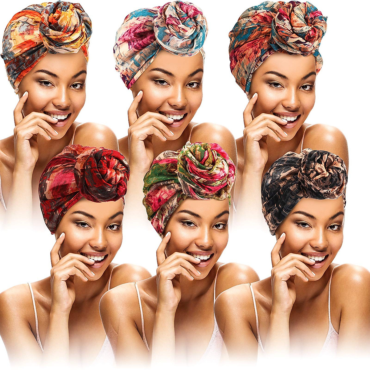6 Pcs Women Turbans, African Pattern Head Wraps Scarves for Women, Headwear Turbans Long Hair Scarf Head wraps Tie Dye Hair Wrap Hair Bonnet for Sleeping Multicolored