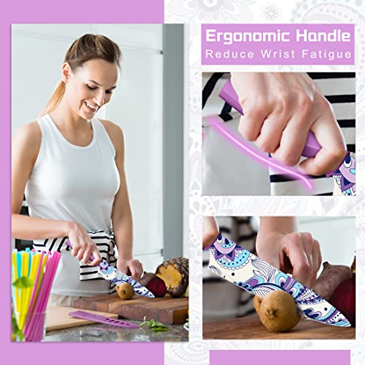 Astercook Knife Set, Paisley Pattern Kitchen Knife Set with Cover, Dishwasher Safe Colorful Knives with 6 Knife Sheath, German Stainless Steel Rainbow Knife Set