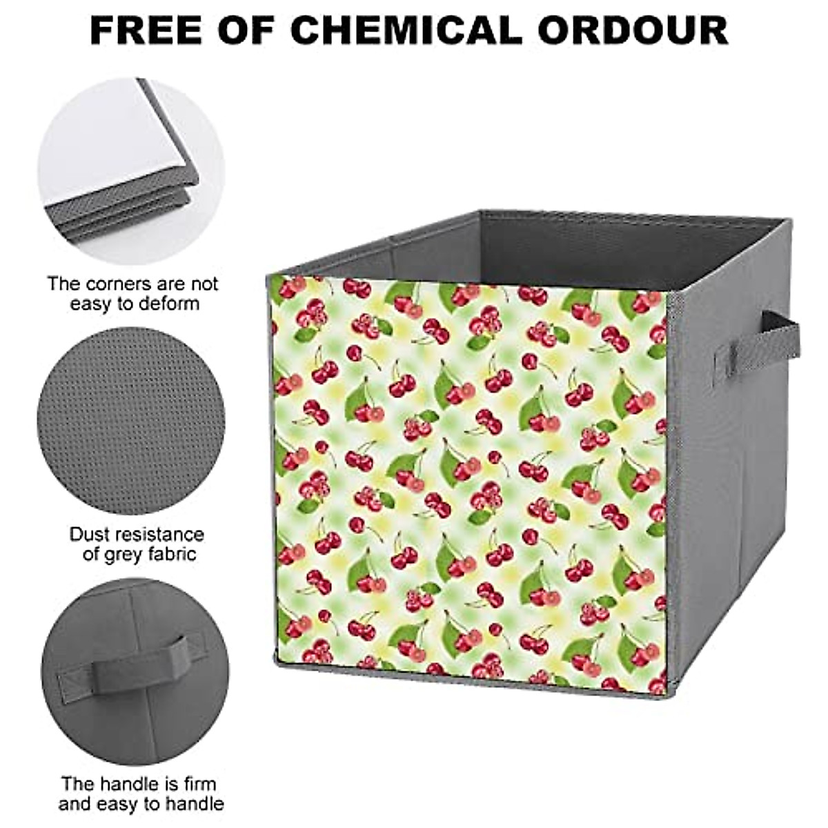 Red Cherry Foldable Storage Bins Printd Fabric Cube Baskets Boxes with Handles for Clothes Toys, 11x11x11