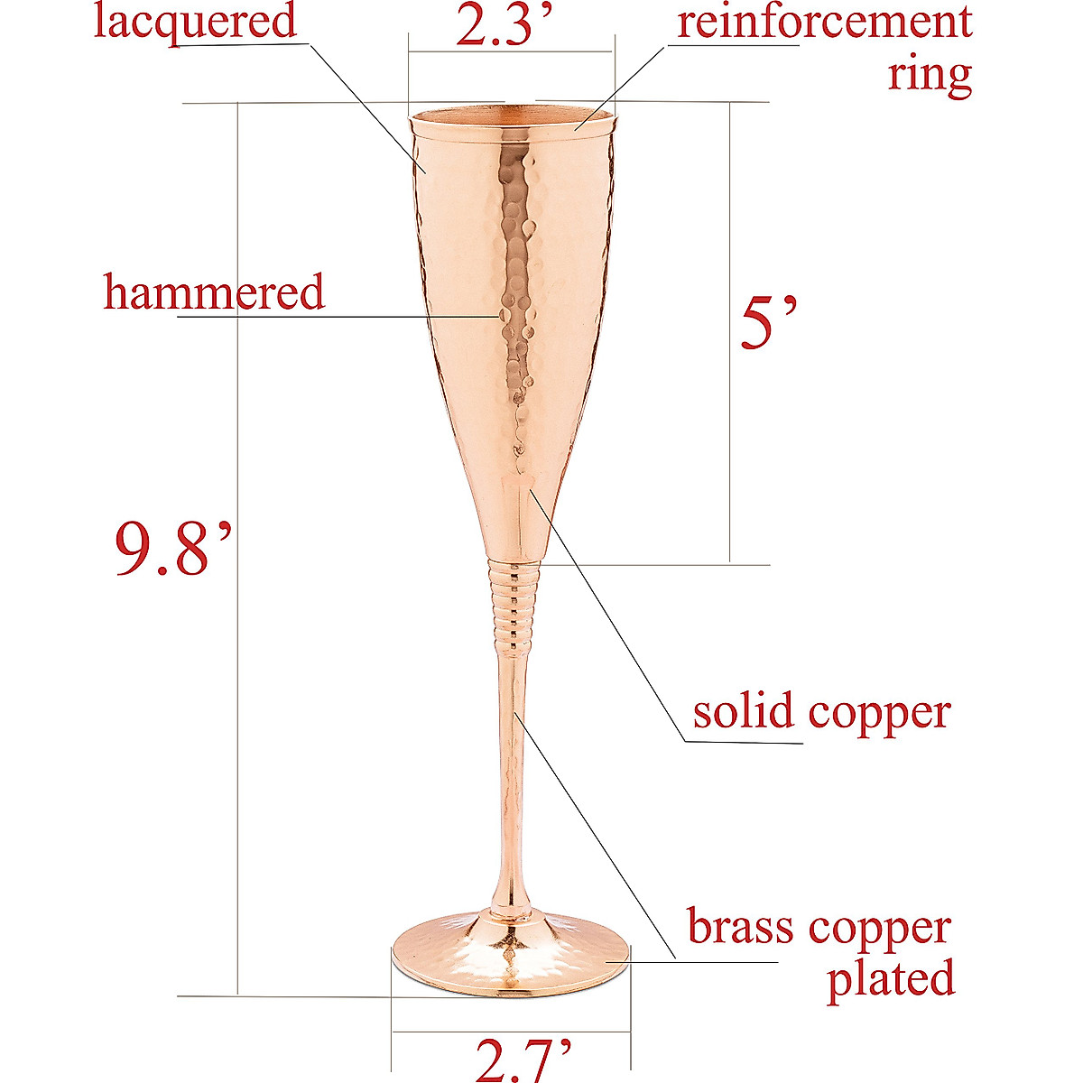 Copper champagne flutes of 6.7 oz set of 2 – Luxurious hammered copper champagne glasses – Each one is handcrafted and lacquered to prevent from tarnishing.
