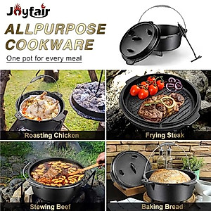5qt Cast Iron Dutch Oven Set of 4, Joyfair Pre-seasoned Camp Dutch Oven Pot & Griddle Skillet With Accessories Kit (Lid Lifter/Iron Stand/Cleaner), For Roasting Stewing Casserole Sourdough Bread