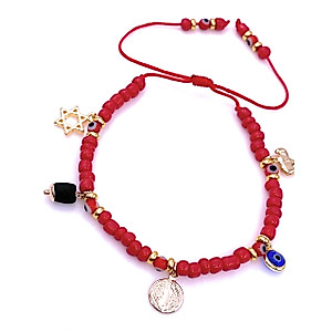 LESLIE BOULES Saint Benedict Protection Red Bracelet for Women Lucky Multi Charms & Genuine Azabache Pendant