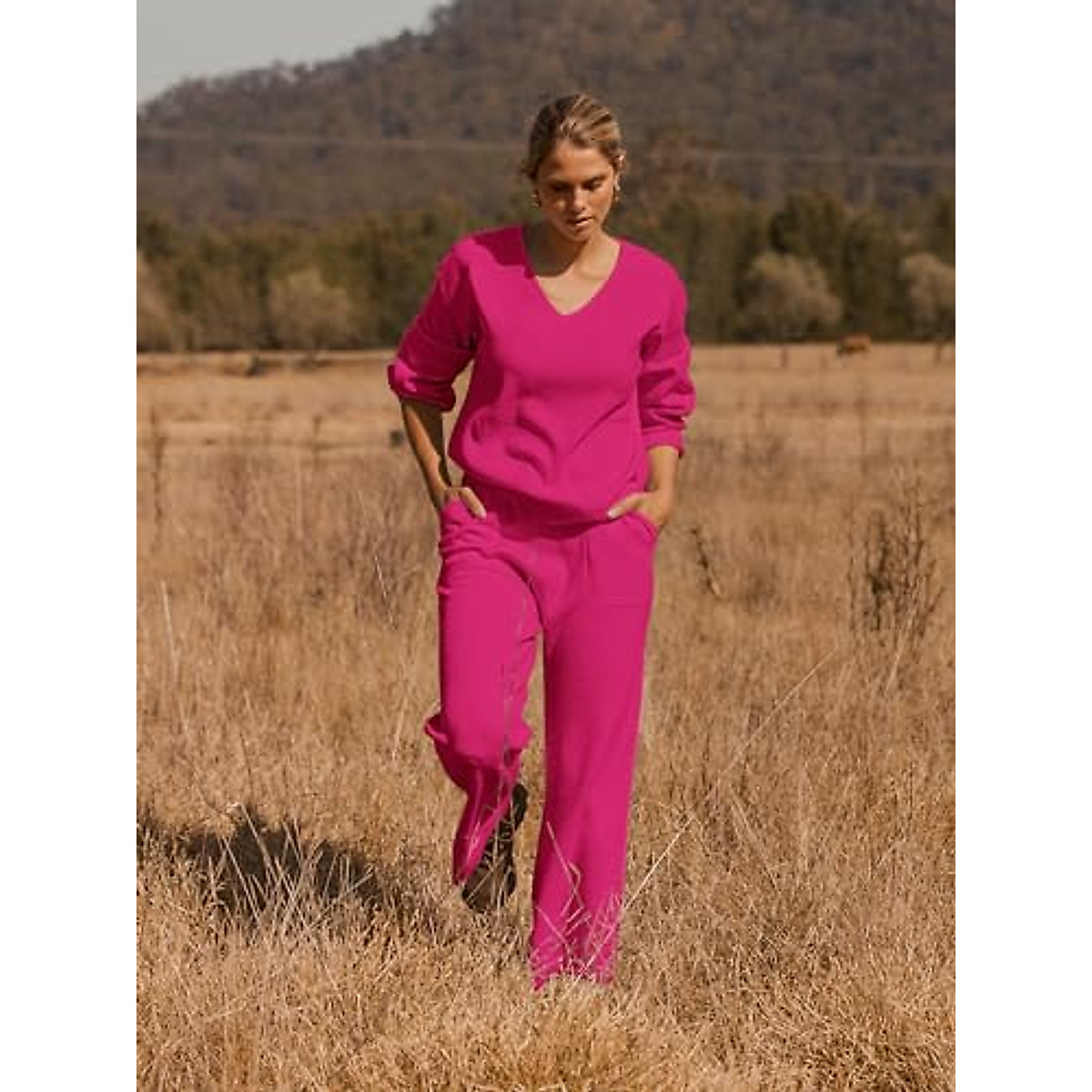 MEROKEETY Women's 2 Piece Outfits Long Sleeve V Neck Knit Pullover Tops and Wide Leg Pant Lounge Set,Rose,M