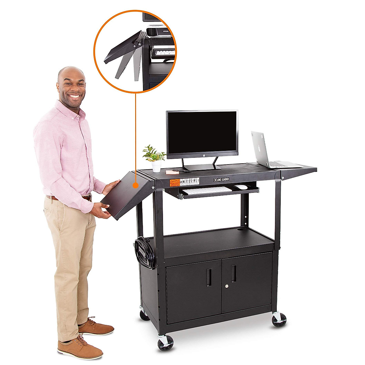 Line Leader Large AV Cart with Locking Cabinet & Drop Leaves, Rolling Height Adjustable Utility Cart with Pullout Laptop Keyboard Tray & Cord Management, Narrow Mobile Workstation (Black, 54 x 18)
