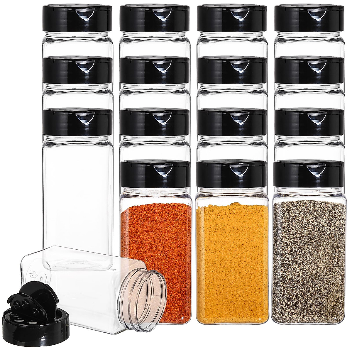Bekith 16 Pack 9 Oz Plastic Spice Jars Bottles Containers with Black Cap – Perfect for Storing Spice, Herbs and Powders