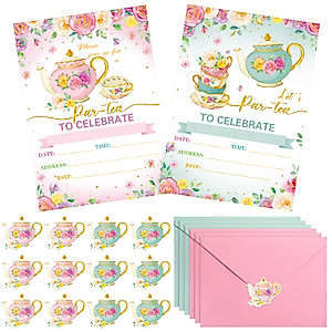 24 Pcs Tea Party Invitation Cards With Envelopes And Stickers, Little Girl Garden Tea Cup Time Bridal or Baby Shower Invite, High Tea Themed Ladies Event Ideas, Printed or Fill in The Blank Card