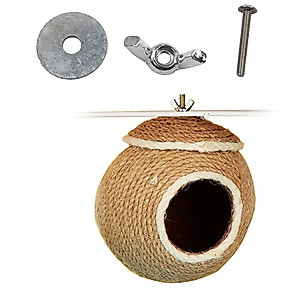 WCDJOMOP Sugar Glider House Natural Coconut Shell Hemp Rope Hut Hide Out Nest for Sugar Glider Hamster Squirrel Bird Parakeet,Cage Habitats Decor, Bird Cage Toy (Screw Fixed)