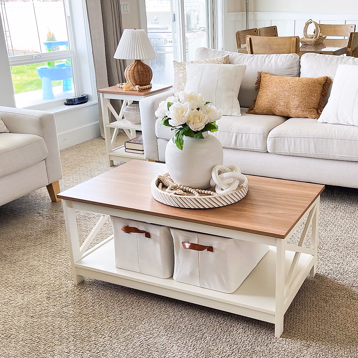 PHI VILLA Coffee Table - Modern Coffee Tables with Storage for Living Room Shelf 2 Tiers, Farmhouse Coffee Table Set