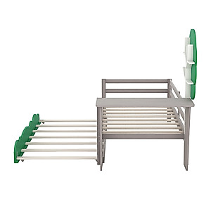 Lifeand Twin Size Wooden Daybed with Desk, Green Tree Shape Shelves and Trundle, Gray