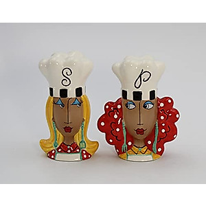 Fine Ceramic Dollymamas African American Black Fashion Chef Lady Salt & Pepper Shakers Set, 4-3/8" H