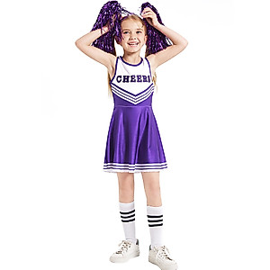 LOLANTA Girls Cheerleader Costumes Dresses Cheerleading Outfit Cheer Uniform with Pom Poms(10-12, purple)