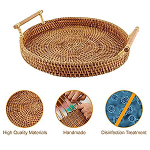 YIWEN Rattan Woven Round Basket, Round Rattan Woven Serving Tray with Handles for Bread Fruit Vegetables, Restaurant Serving & Tabletop Display Baskets (8.7", 1pc)