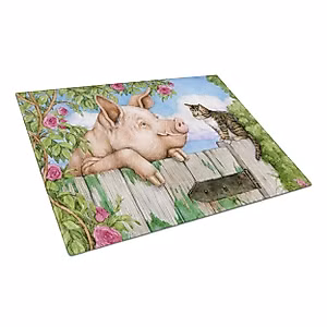 Caroline's Treasures CDCO0349LCB Pig at the Gate with the Cat Glass Cutting Board Large Decorative Tempered Glass Kitchen Cutting and Serving Board Large Size Chopping Board