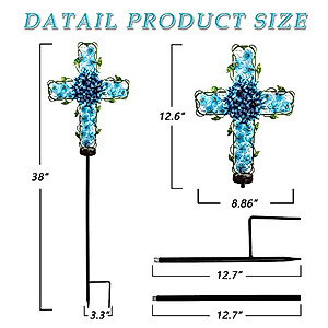 COOZZYHOUR Solar Cross Garden Lights Outdoor Decorative - Solar Metal&Glass Cross Blue Hydrangea Flower Stake Lights- Waterproof 20 Warm White LED for Remembrance Gifts