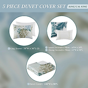 Harbor House King Duvet Cover Set, Tropical Palm Print, Soft Cotton Oversized Duvet Cover for a King-Size Bed, Coastal Bedding Cover, 2 Shams, 2 Décor Pillows, Kiawah Island, King/Cal King Blue