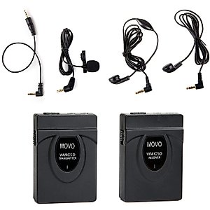 Movo WMIC50 2.4GHz Wireless Lavalier Microphone System with Integrated 164-foot Range Antenna (includes Transmitter with Belt Clip, Receiver with Camera Shoe, Lapel Mic and 2 Earphones)