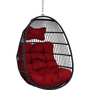 Sunnydaze Julia Hanging Egg Chair with Seat Cushions - Decorative Comfy Bohemian-Style Collapsible Chair - Black Polyethylene Wicker Rattan Frame with Red Polyester Cushions - 44 Inches Tall