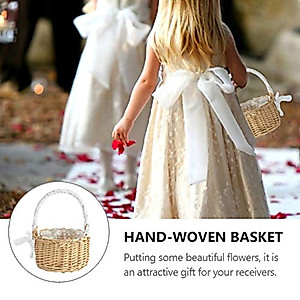 DOITOOL Wicker Rattan Flower Basket with Handle and Lace Bow, Wedding Flower Girl Baskets, Petal Basket Decorative Picnic Basket Woven Candy Storage Basket for Home Garden Decor, 7.5X5.9X5.9