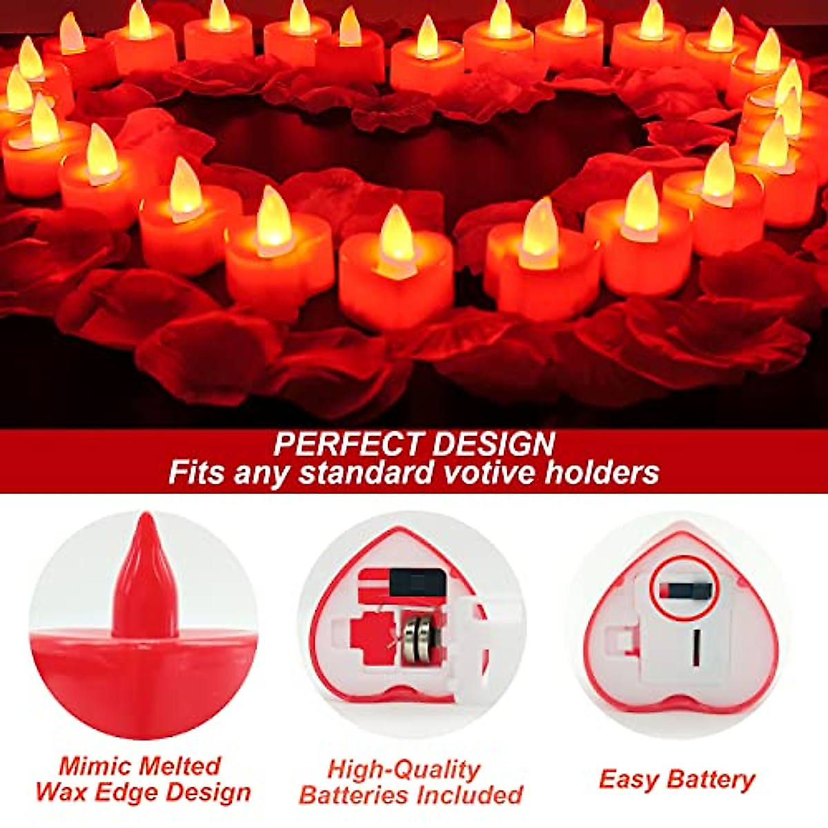 Candles and Rose Kit, 24pcs Tea Lights Candles and 3000pcs Artificial Rose Petals, Valentine Candles, Ideal for Valentine's Day, Romantic Propose, Anniversary, Wedding Decoration.Best Ideal for Gift