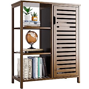 HITNET Bathroom Storage Cabinet Bamboo, Free Standing Floor Cabinet, Kitchen Cupboard Side Storage Organizer with Shutter Door and 3 Side Shelves, Walnut
