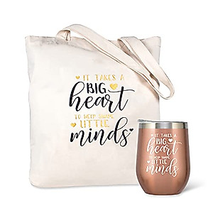 ELEGANTPARK Teacher Gifts for Women Teacher Apprreciation Gifts Christmas Gifts for Teacher Tote Bag Canvas Teacher Thank you Gifts Wine Tumbler with Straw Rose Gold