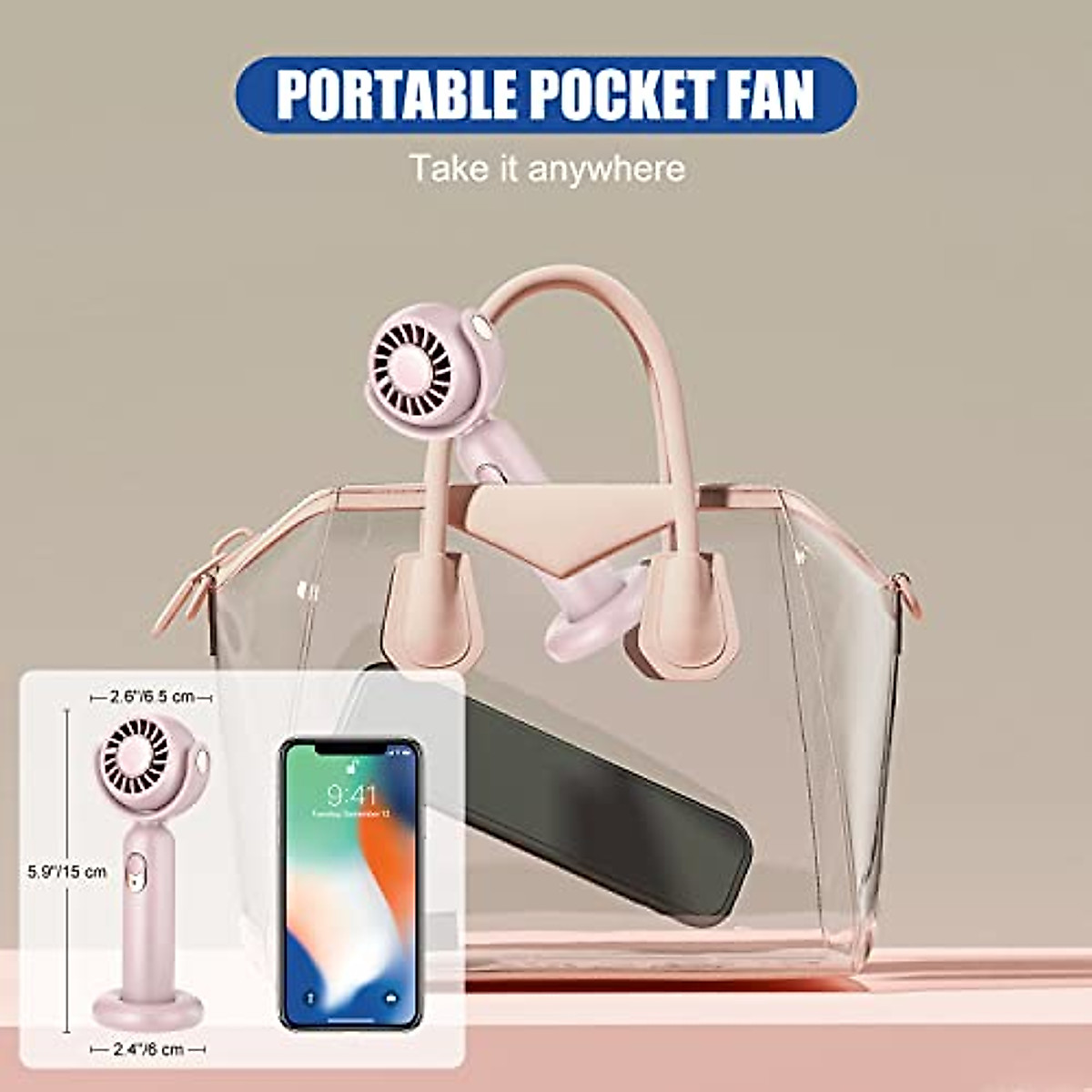 Odoland Portable Handheld Fan, Mini Personal USB Rechargeable Hand Fan with 3 Speed Small Pocket Fan Personal Desk Table Fan for Outdoor Travel Office Women Men, Pink