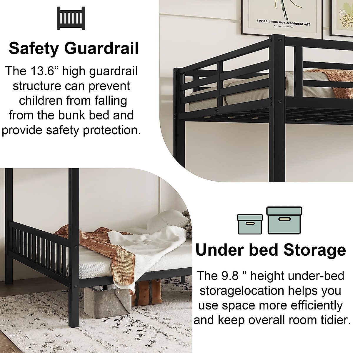 Mirightone Queen Over Queen Bunk Beds for Adults, Metal Bunk Bed Queen Size,Heavy-Duty Bunk Bed Frame with Ladder and Slats Support for Boys Girls,Space-Saving,Noise Reduced,Black