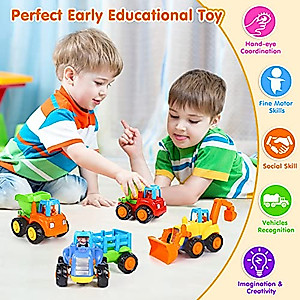 ORWINE Inertia Toy Early Educational Toddler Baby Toy Friction Powered Cars Push and Go Cars Tractor Bulldozer Dumper Cement Mixer Engineering Vehicles Toys for Children Boys Girls Kids Gift 4PCS