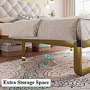 iPormis Twin Size Metal Bed Frame with Velvet Button Tufted Headboard, Curved Platform Frame, Thicker Steel Slats Support, 12'' Under-Bed Space, Noise-Free, Easy Assembly, Gold & Beige