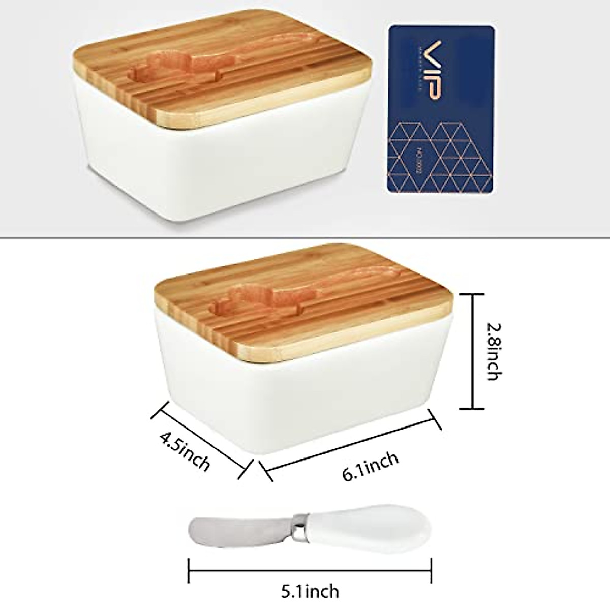 Butter Dish with Lids - OAMCEG Porcelain Ceramic Butter Container, Large Butter Keeper with Wooden Lid and Steel Knife, Airtight Butter Storage Container with Cover Holds Up to 2 Sticks of Butter