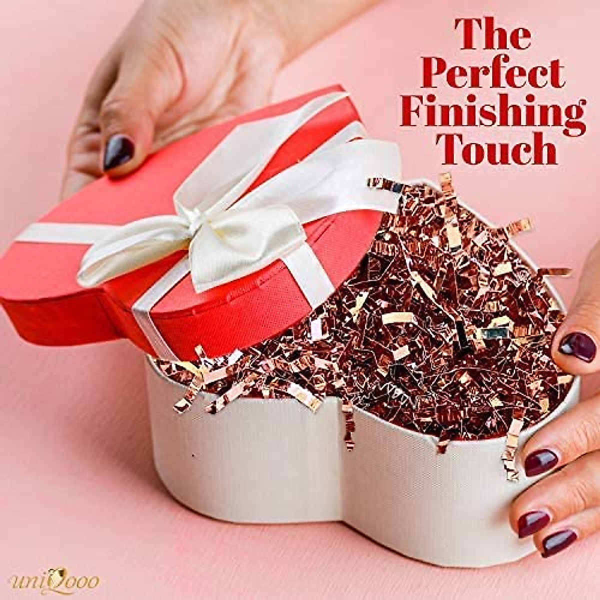 UNIQOOO 1/2 LB Metallic Rose Gold Crinkle Cut Paper Shredded Filler, Pink Grass Raffia Tissue, Strands Shred Craft Bedding Cushion, Wedding Mothers Day Bridesmaid Engagement Gift Boxes Bags Retail