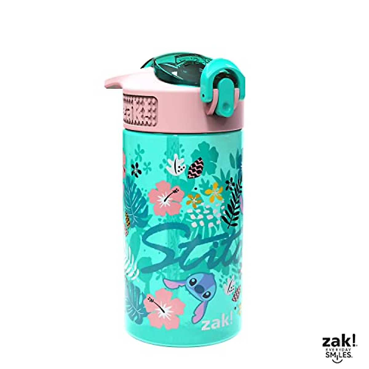 Zak Designs Kids Durable Plastic Spout Cover and Built-in Carrying Loop, Leak-Proof Water Design for Travel, (16oz, 2pc Set), Lilo and Stitch 2pk
