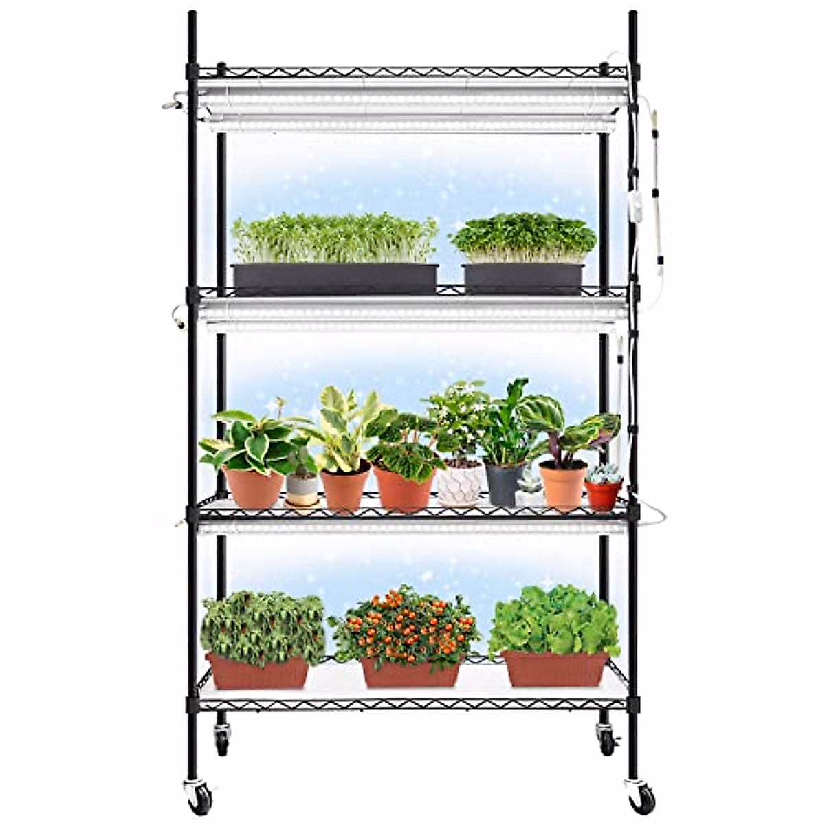 Monios-L Plant Shelf with Grow Lights, 4-Tier Metal Plant Stand with 180W T8 5000K Grow Light Bar, Heavy Duty Adjustable Rack with Wheels for Indoor Plants, Succulents, Seedlings(35Lx14Wx61H, Black)