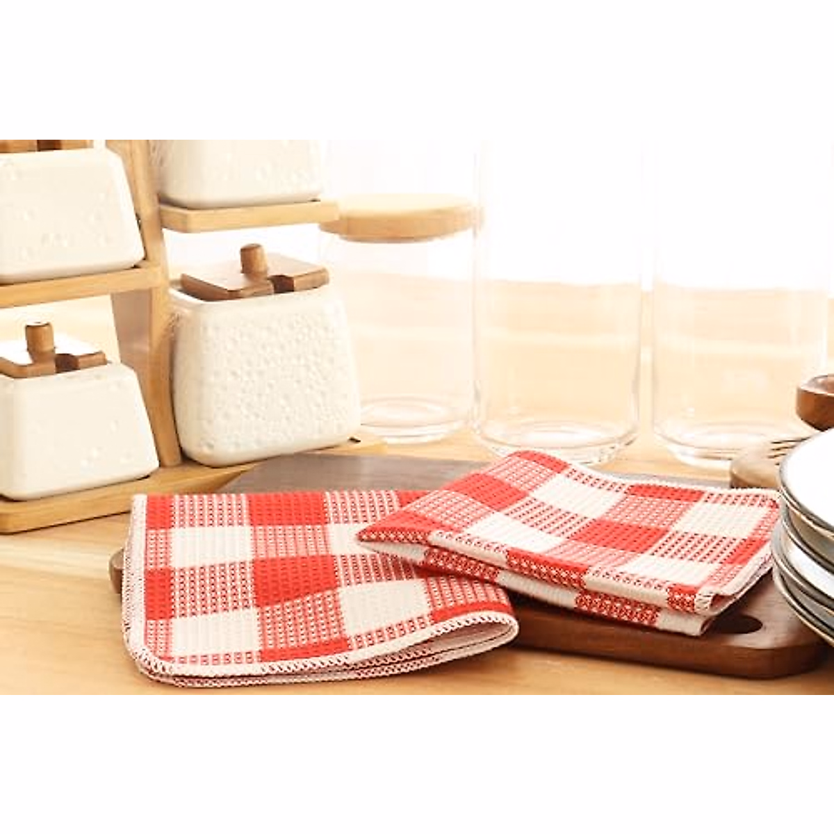 Waffle Weave Plaid Dish Cloths, 100% Cotton - 12 x 12 Inches, Ultra Soft Absorbent Quick Drying Dish Towels Buffalo Check Dish Rags for Kitchen, 8 Pack - Spring Summer Easter - Red & White