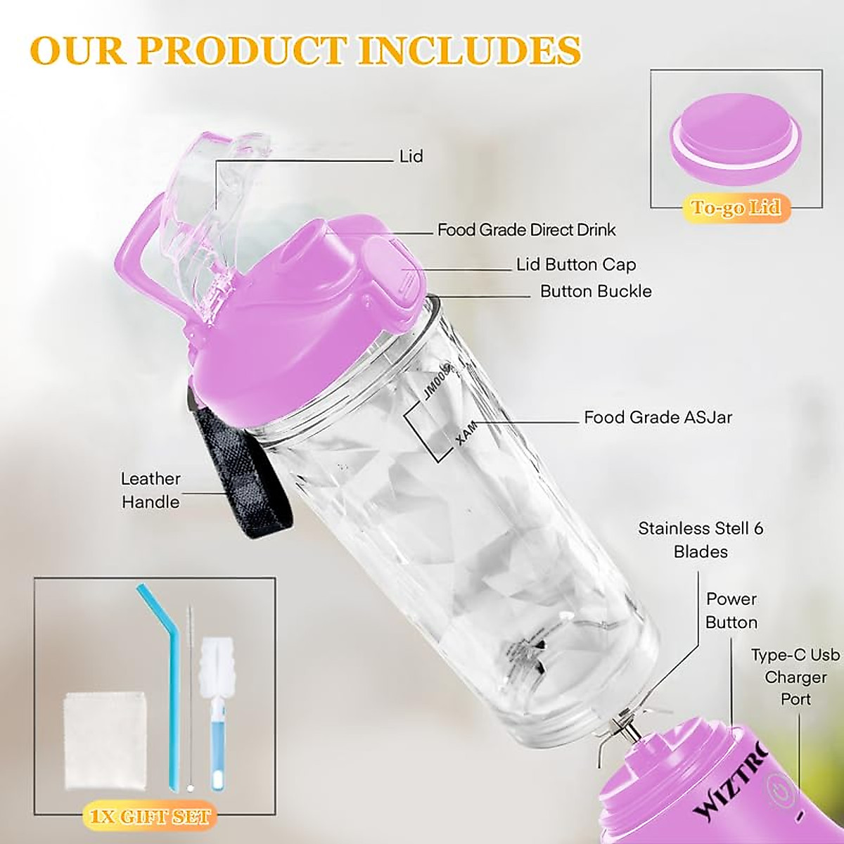 Wiztronix Portable Blender - 600ml Capacity, USB Rechargeable, Purple