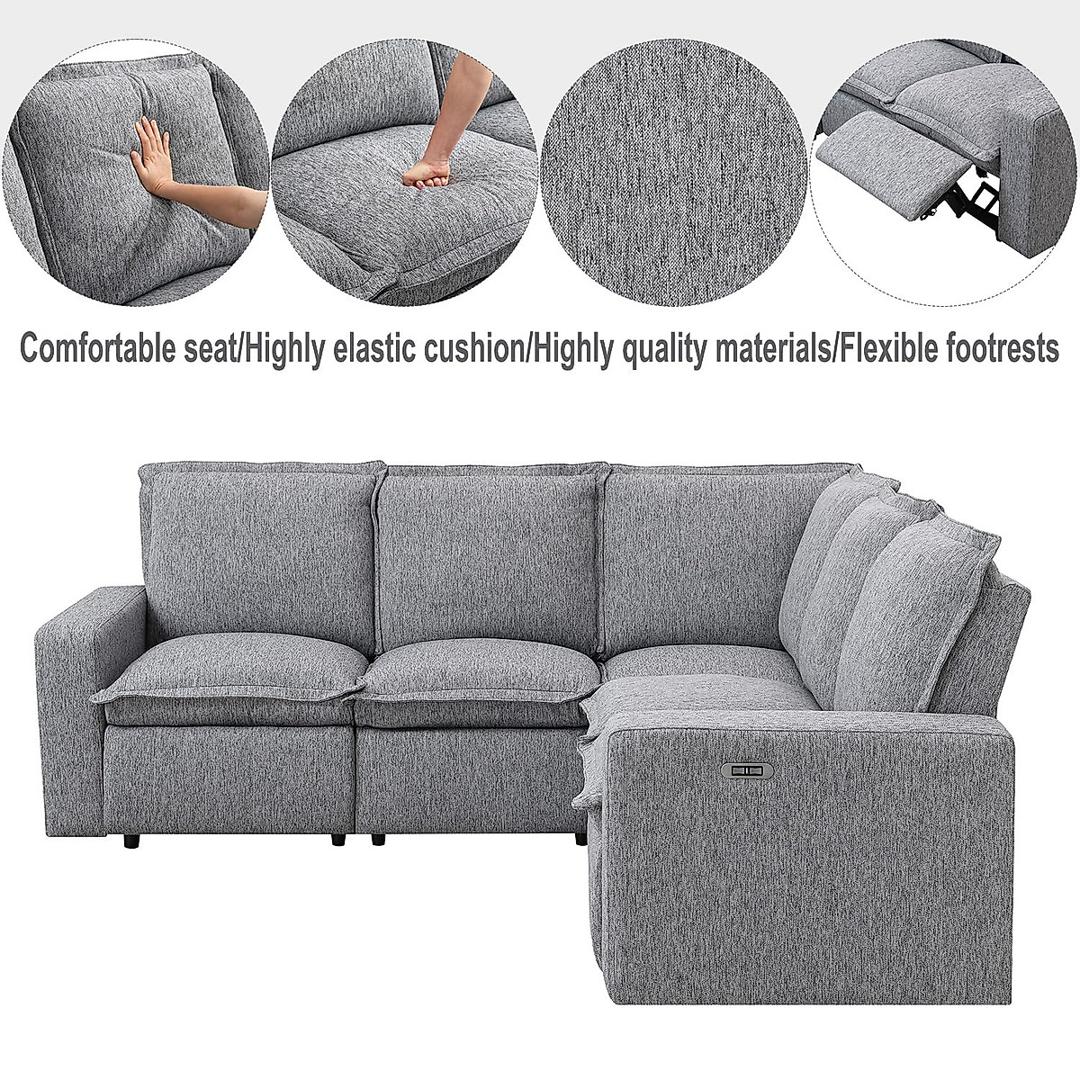 FREESNOOZE Power Reclining Sectional Sofa L-Shaped Recliner Corner Sofa, Home Theater Recliner Chair Couch with USB Port for Living Room/Bedroom Linen Fabric (Grey)