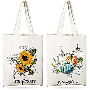 Whaline 2 Pack Fall Canvas Tote Bags Sunflower Tote Bag Pumpkins Canvas Bag Reusable Cotton Handbag Grocery Bags for Shopping Market Travel Beach Autumn Theme Harvest Party Favors, 15.7" x 13.4"