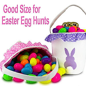 2 Pack Easter Eggs Hunt Basket for Kids Easter Bunny Canvas Baskets Ruffle Easter Basket Rabbit Fluffy Tails Bucket Tote Eggs Candy and Gifts Carry Bucket, Easter Party Supplies (Purple & Pink)