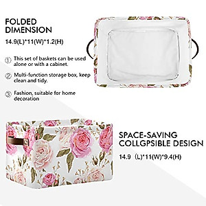 susiyo Large Foldable Storage Bin, Floral Pink Roses Fabric Storage Baskets Collapsible Decorative Baskets Organizing Basket Bin with PU Handles for Shelves Home Closet Bedroom Living Room-2Pack