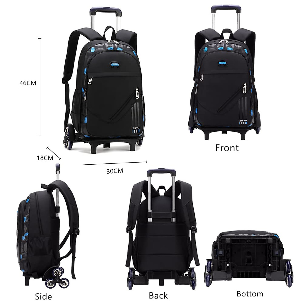Boys Rolling Backpack Elementary and Middle School Trolley School Bag Large Capacity Wheeled Travel Bag Black/blue-two wheels