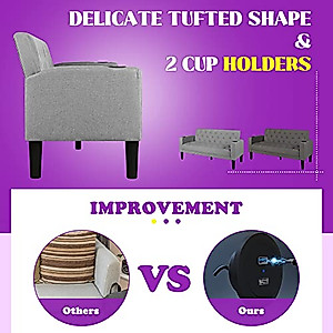 TYBOATLE 62" W Loveseat Sofa w/ 2 USB Charger Ports and 2 Cupholders, Mid-Century Modern Tufted Linen Fabric Small Love Seat Couches for Compact Living Room, Bedroom, Apartment, Dorm (Light Grey)