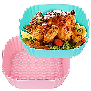 MaMix Silicone Air Fryer Liners 2 pack，8 inch Reusable Air Fryer Pot for 4 to 7 QT Air Fryer Inserts for Oven Microwave Accessories (Green+Pink)